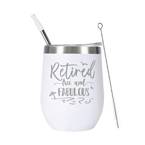 elegantpark retirement gifts for women 2024 wine tumbler retired free and fabulous funny birthday gifts for retired friends retired teacher coworkers boss retirement tumbler white