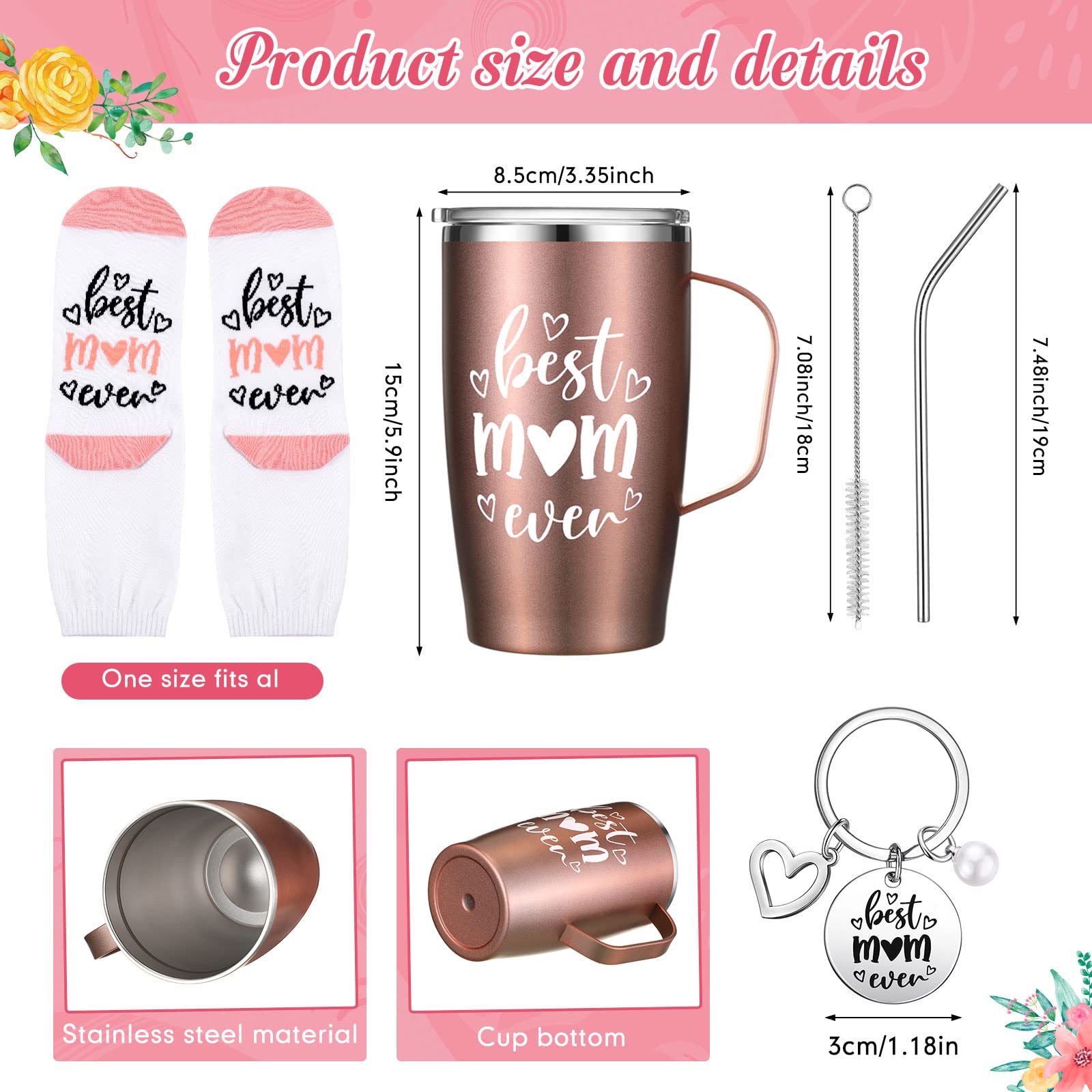 Roshtia Christmas Gifts Set for Women, Best Mom Ever Mom Tumbler 16 oz Keychain Socks from Daughter Son, Mother's Day Birthday Thanksgiving Gifts for Mom, New Mom, Mommy (Rose Gold)