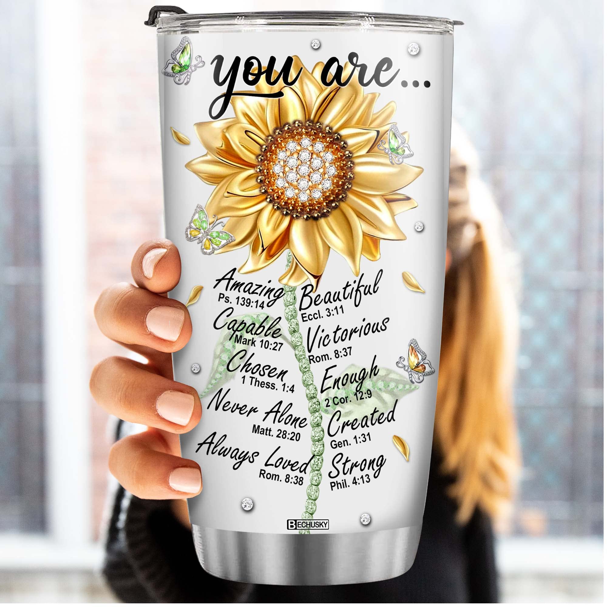 BECHUSKY Christian Gifts For Women Tumbler, Birthday Gift For Women, Unique Christian Tumbler, Religious Gifts For Women, Inspirational Gifts For Women, Bible Verse Sunflower Faith Girl Mom 20OZ