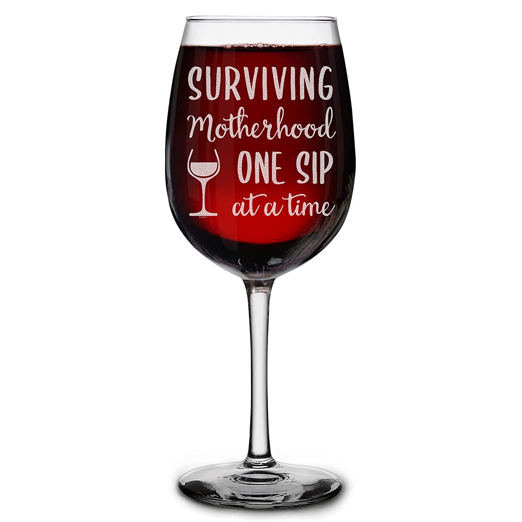 shop4ever Surviving Motherhood One Sip At A Time Engraved Stemmed Wine Glass Funny New Mom Gift (16 oz.)