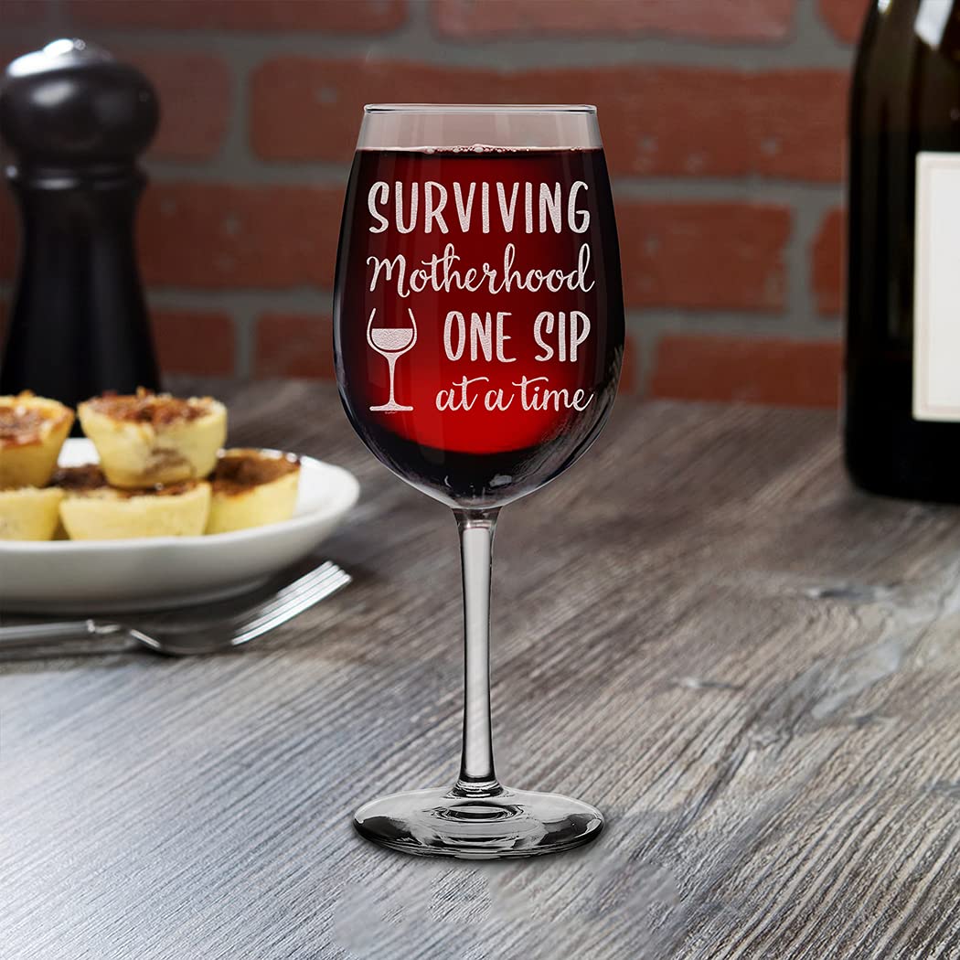 shop4ever Surviving Motherhood One Sip At A Time Engraved Stemmed Wine Glass Funny New Mom Gift (16 oz.)