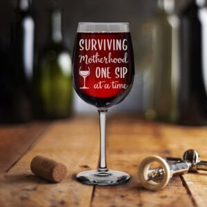 shop4ever Surviving Motherhood One Sip At A Time Engraved Stemmed Wine Glass Funny New Mom Gift (16 oz.)