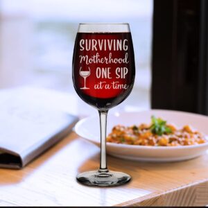 shop4ever Surviving Motherhood One Sip At A Time Engraved Stemmed Wine Glass Funny New Mom Gift (16 oz.)