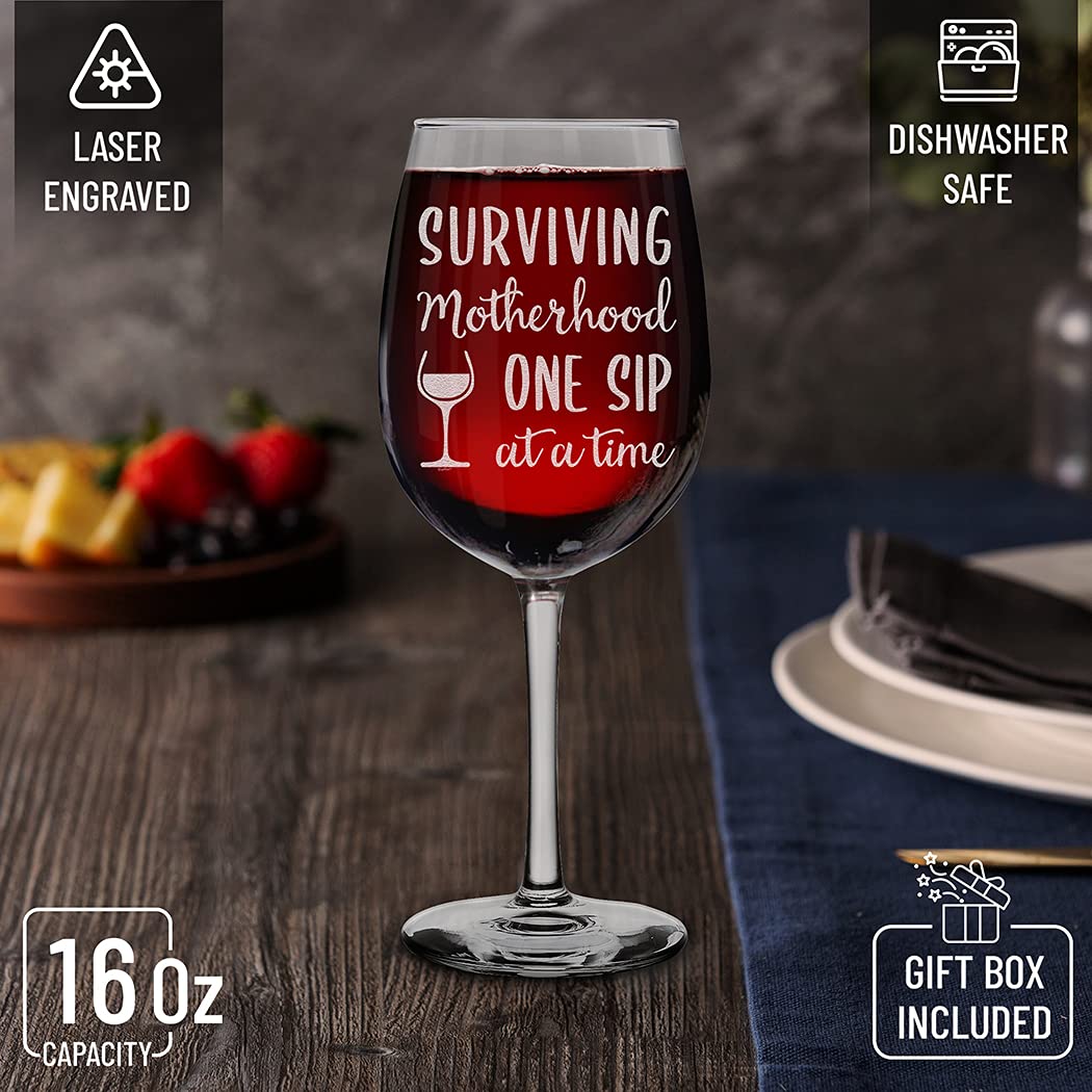 shop4ever Surviving Motherhood One Sip At A Time Engraved Stemmed Wine Glass Funny New Mom Gift (16 oz.)