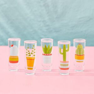 BLUE PANDA 5 Pack Shot Glasses Set with Cactus Designs for Bachelorette, Fiesta Supplies, Western-Themed Party, Round, Decorative Shot Glasses with Heavy Base for Tequila, Whiskey, Vodka (2 oz)