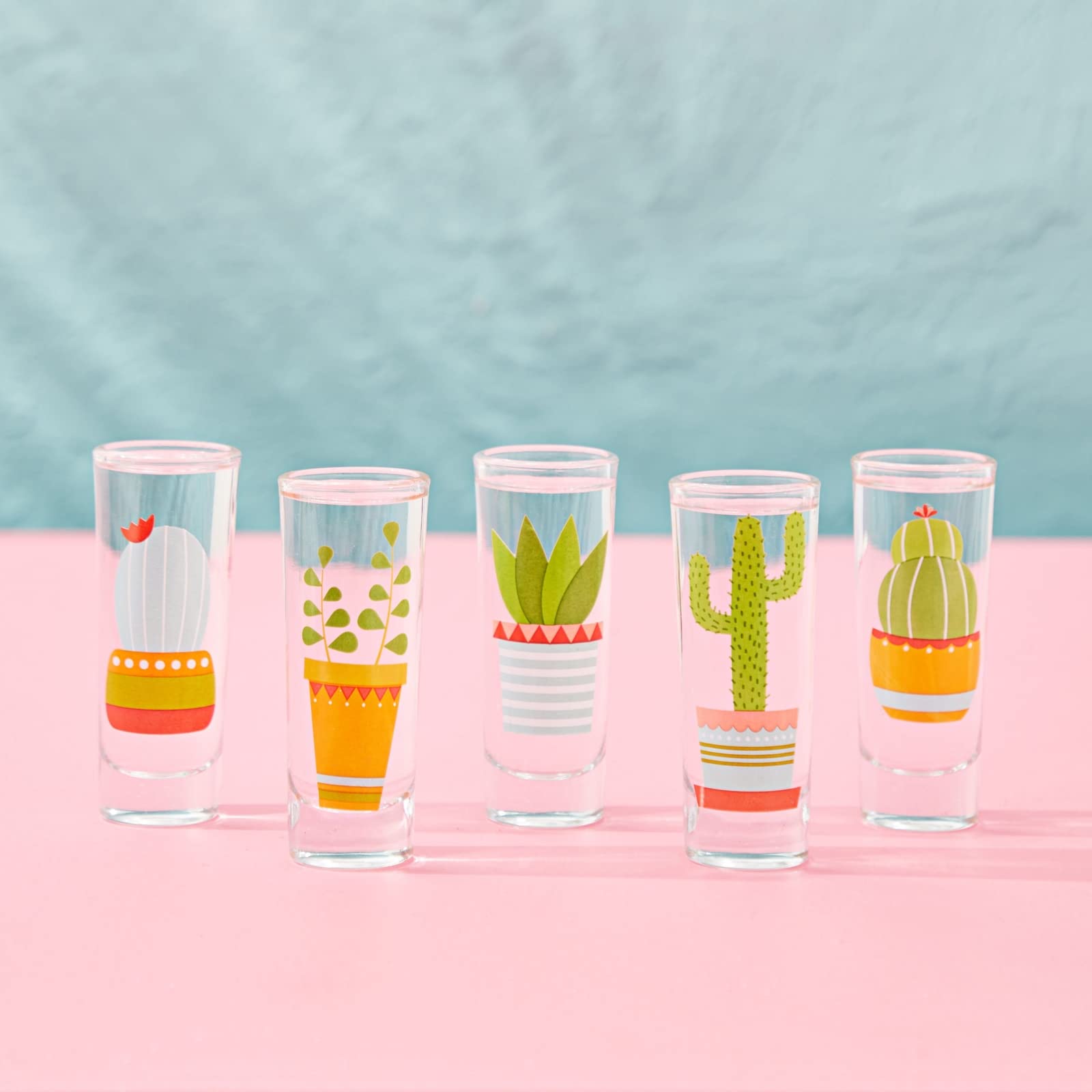 BLUE PANDA 5 Pack Shot Glasses Set with Cactus Designs for Bachelorette, Fiesta Supplies, Western-Themed Party, Round, Decorative Shot Glasses with Heavy Base for Tequila, Whiskey, Vodka (2 oz)