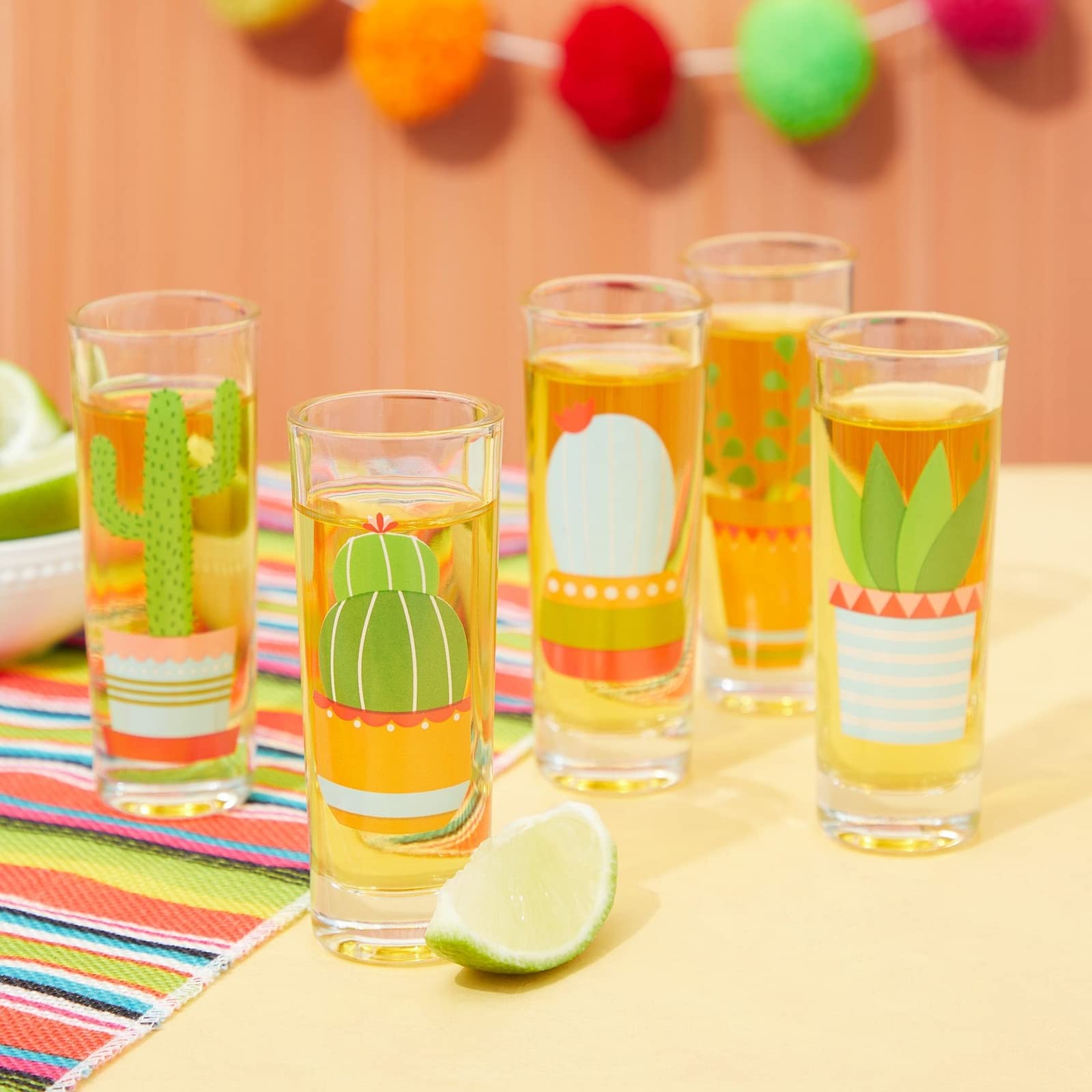 BLUE PANDA 5 Pack Shot Glasses Set with Cactus Designs for Bachelorette, Fiesta Supplies, Western-Themed Party, Round, Decorative Shot Glasses with Heavy Base for Tequila, Whiskey, Vodka (2 oz)