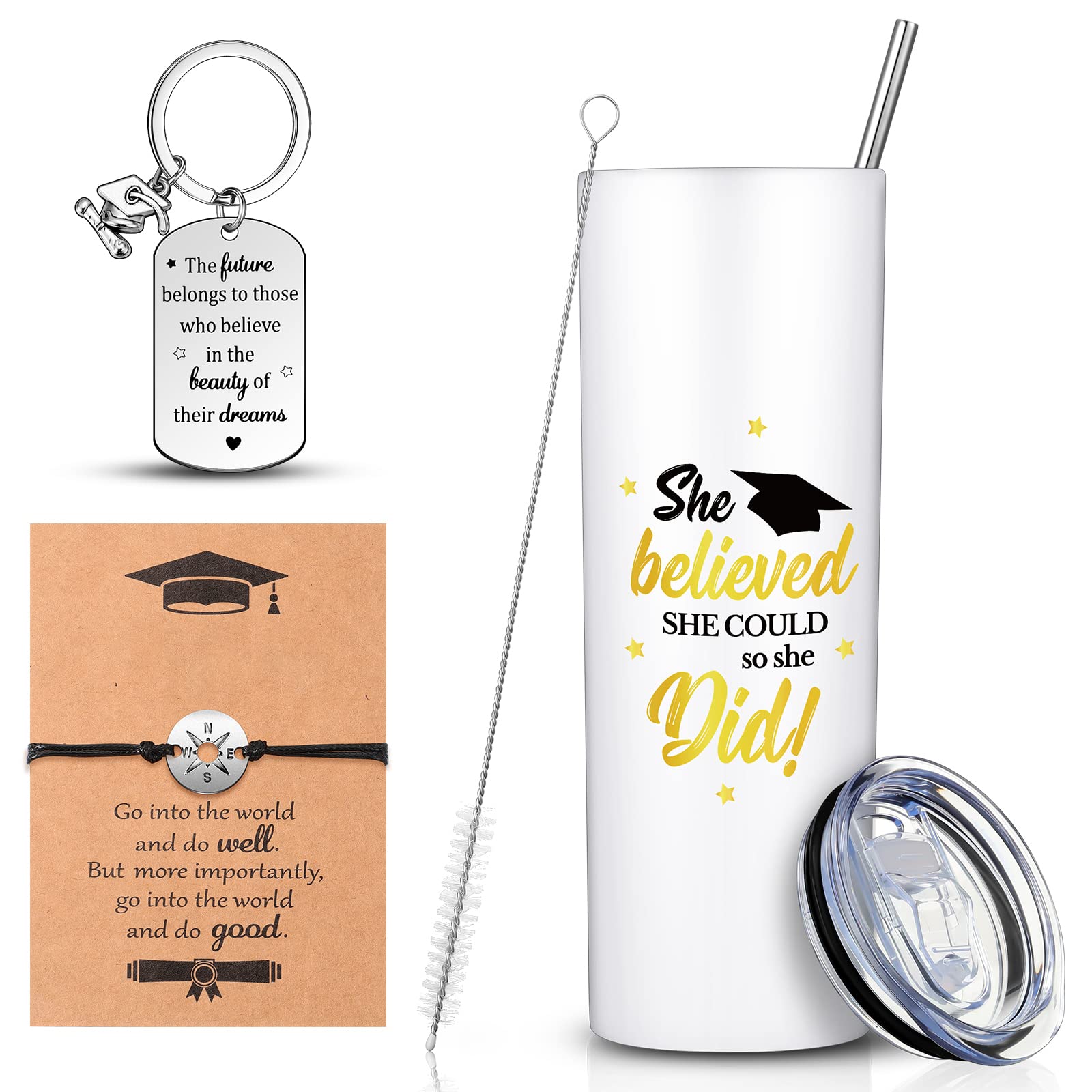 Karenhi 3 Pcs Class of 2024 Graduation Gift Set Includes Stainless Steel Tumbler with Lid Straw Graduation Gift Keychain Graduation Bracelet Set Compass Bracelet for School Senior Grad(She Believed)