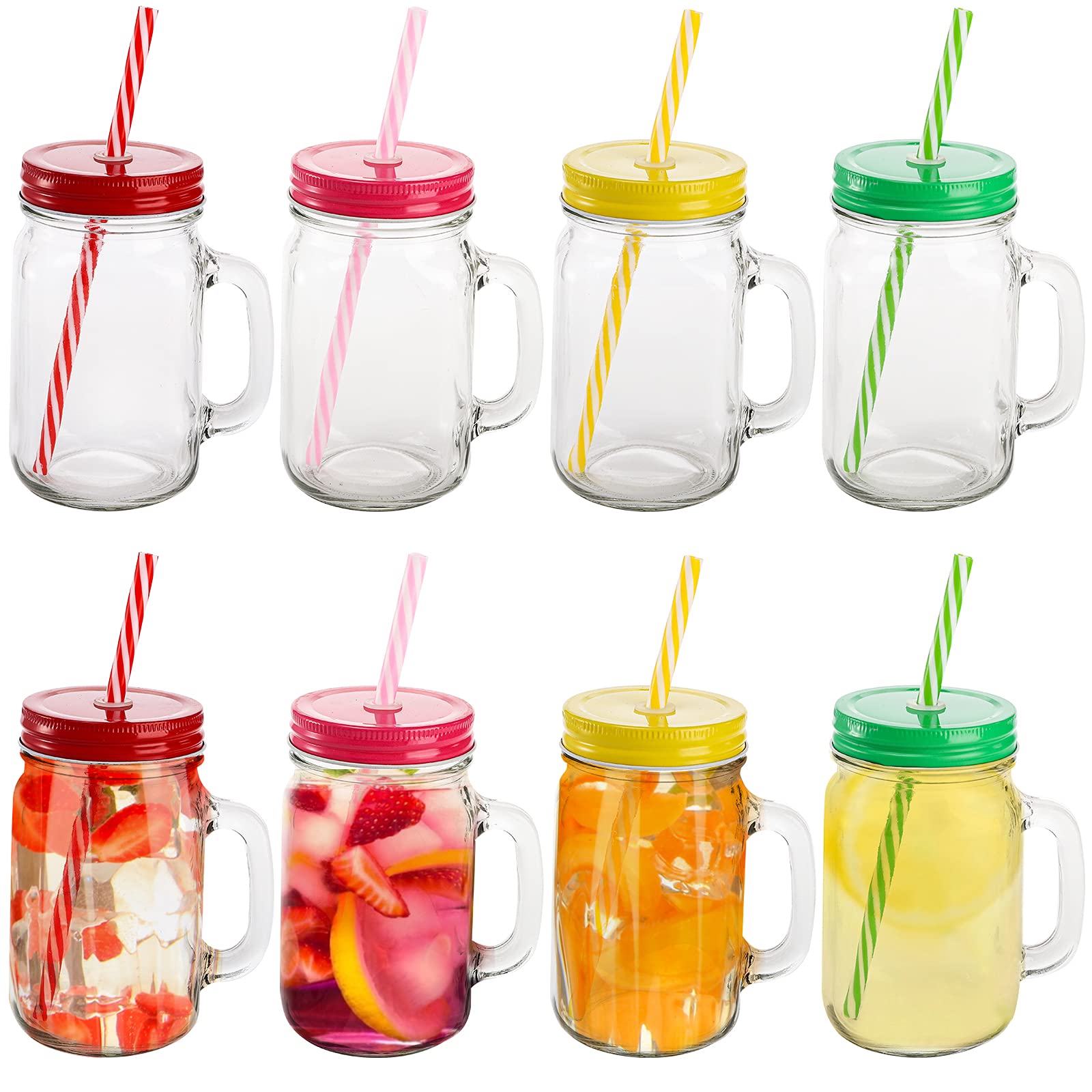 Suwimut 8 Pack Glass Mason Jar Cups with Lid and Straw, 16 oz Wide Mouth Reusable Mason Jar Drinking Glasses with Handle, Old Fashioned Large Clear Tumbler Mugs for Juice, Smoothie, Kombucha, Tea