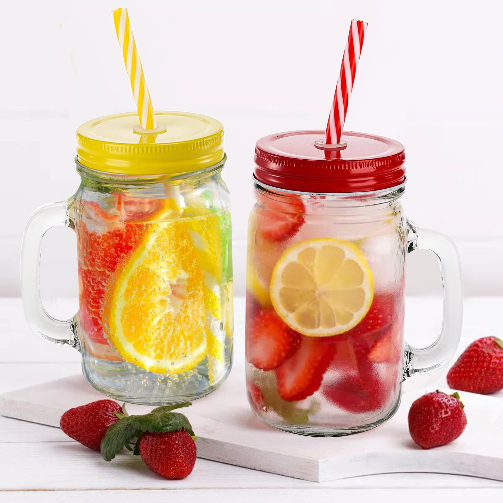 Suwimut 8 Pack Glass Mason Jar Cups with Lid and Straw, 16 oz Wide Mouth Reusable Mason Jar Drinking Glasses with Handle, Old Fashioned Large Clear Tumbler Mugs for Juice, Smoothie, Kombucha, Tea