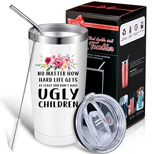 Patelai Funny Mom Gifts At Least You Don't Have Ugly Children Coffee Mug Novelty Birthday Gifts for Moms Grandma Wife Sister Aunt Friends 20 oz Mug Tumbler with Lid and Straw Brush