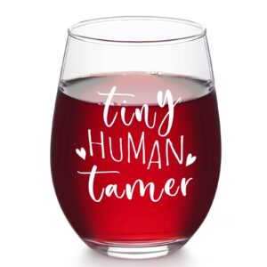 modwnfy teacher appreciation gifts, tiny human tamer stemless wine glass gifts for preschool daycare kindergarten elementary school, thank you gifts birthday christmas gifts for daycare teacher 17oz