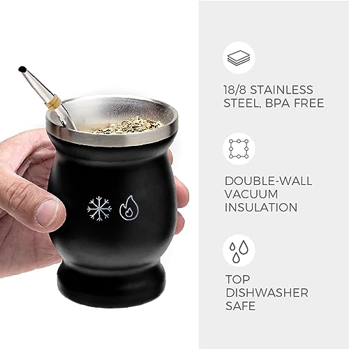 BALIBETOV Mate - Original Yerba Mate Cup, Yerba Mate Gourd with 2 Bombilla Mate - Complete Yerba Mate Set Kit includes Mate Cup and Bombilla Set, Yerba Mate Kit Set with Yerba Mate Tea Straw (Black)