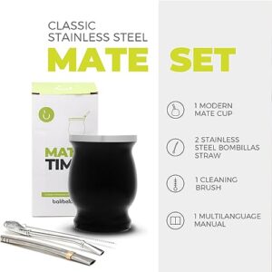 BALIBETOV Mate - Original Yerba Mate Cup, Yerba Mate Gourd with 2 Bombilla Mate - Complete Yerba Mate Set Kit includes Mate Cup and Bombilla Set, Yerba Mate Kit Set with Yerba Mate Tea Straw (Black)