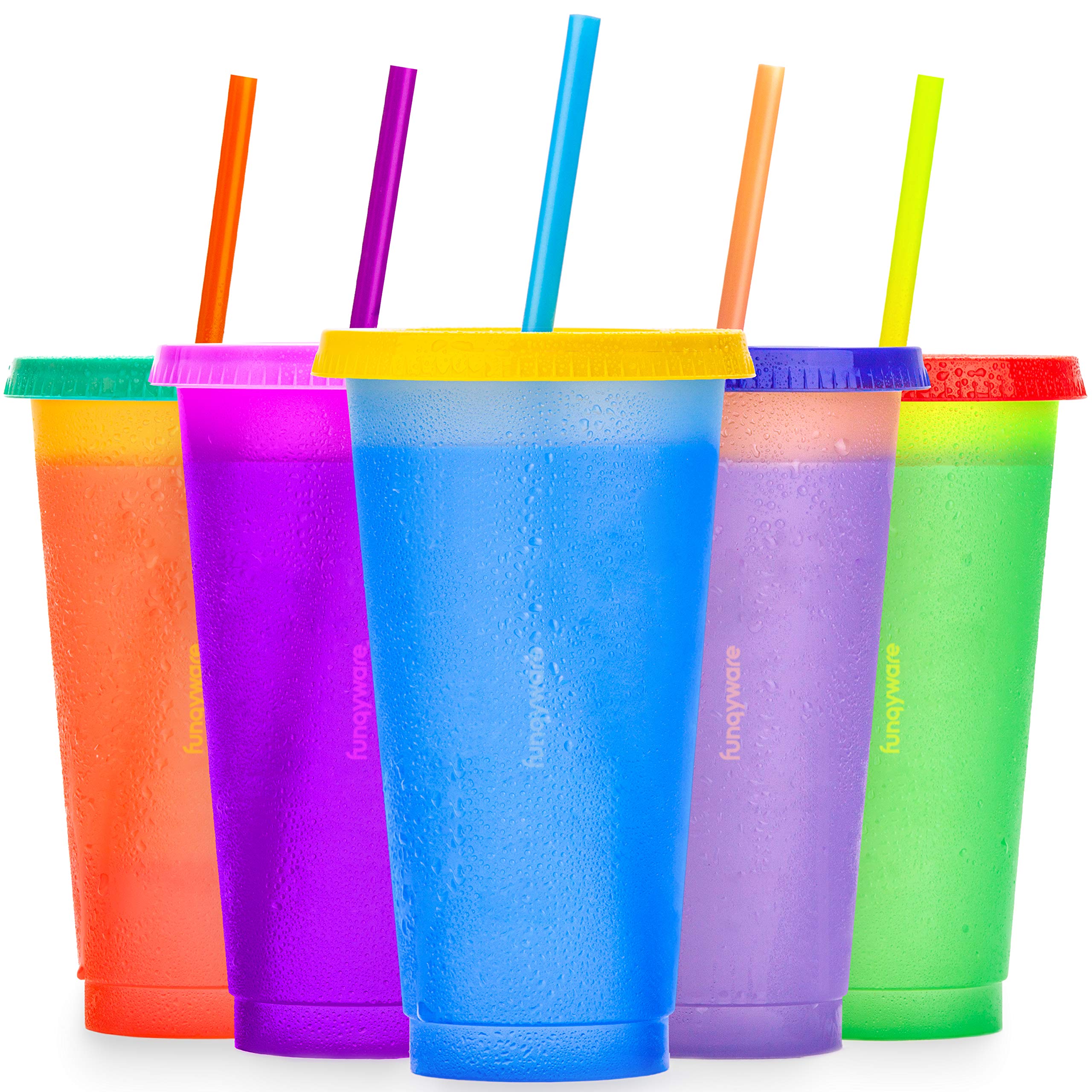 Color Changing Cups with Lids and Straws for Adults - 5 x 24oz Reusable Cups with Lids and Straws, Bulk Plastic Cups with Lids and Straws for Kids, Cold Iced Coffee Cups & Women Water Party Tumbler