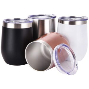 4 Pack 12Oz Stemless Wine Tumbler Wine Glasses Set of 4 Stainless Steel Cups with Lid and Straw for Women Men Family Daily Use