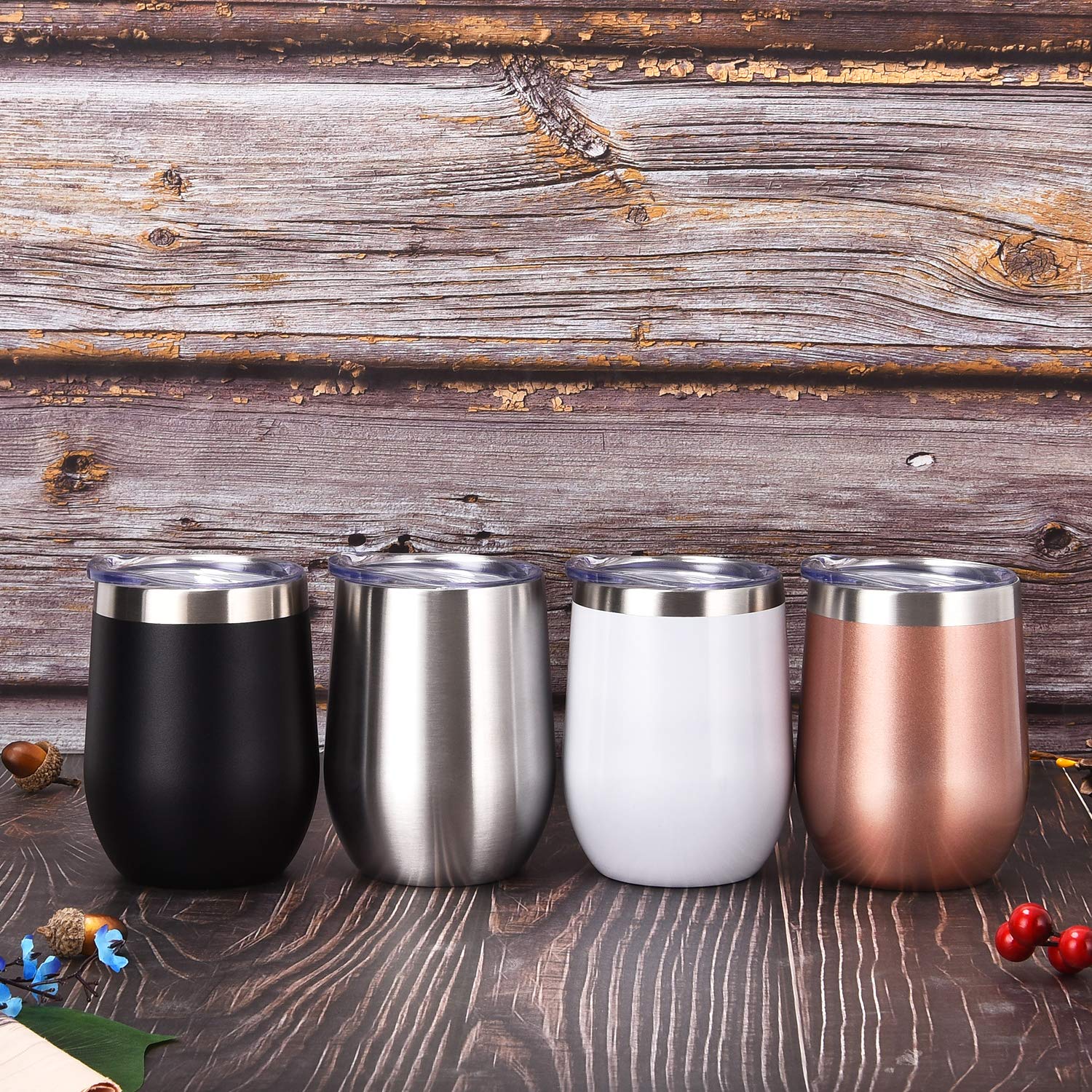 4 Pack 12Oz Stemless Wine Tumbler Wine Glasses Set of 4 Stainless Steel Cups with Lid and Straw for Women Men Family Daily Use