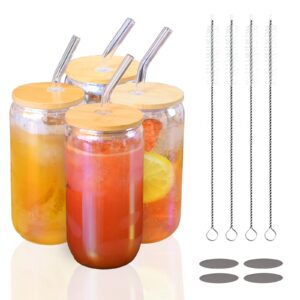 RoweLLsouL Glasses with Bamboo Lids and Clear Straws, 4 Pack 16oz Beer Glasses,Cute Tumbler Cup Iced Coffee Mug, Iced Coke Mug, Soda, Milk Tea，Gift - 4 Cleaning Brushes and 4 coasters