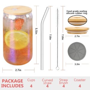 RoweLLsouL Glasses with Bamboo Lids and Clear Straws, 4 Pack 16oz Beer Glasses,Cute Tumbler Cup Iced Coffee Mug, Iced Coke Mug, Soda, Milk Tea，Gift - 4 Cleaning Brushes and 4 coasters