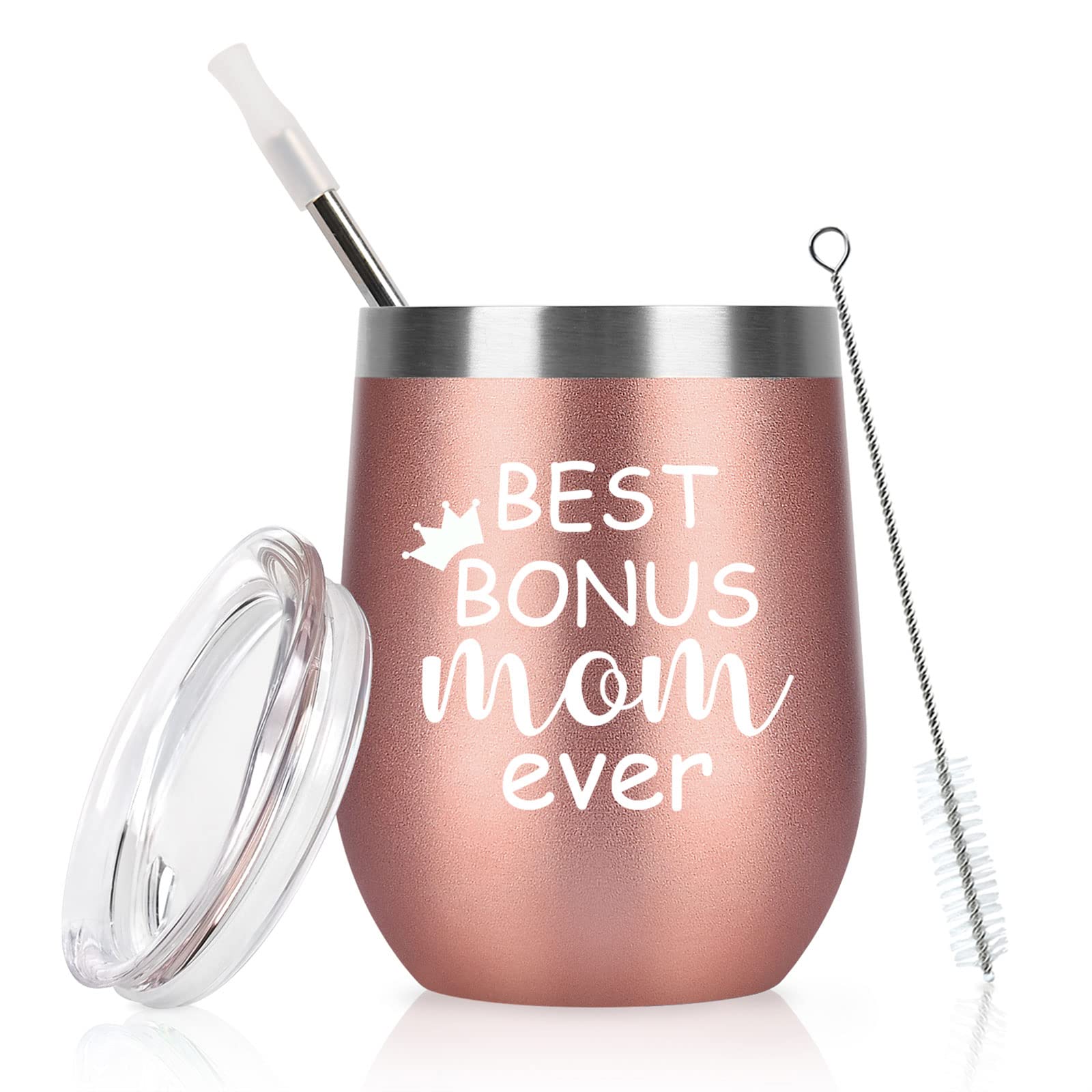 GINGPROUS Mother's Day Gifts for Mom, Best Bonus Mom Ever Birthday Gifts for Bonus Mom New Mom to be from Daughter Son, 12 Oz Insulated Stainless Steel Wine Tumbler with Lid and Straw, Rose Gold