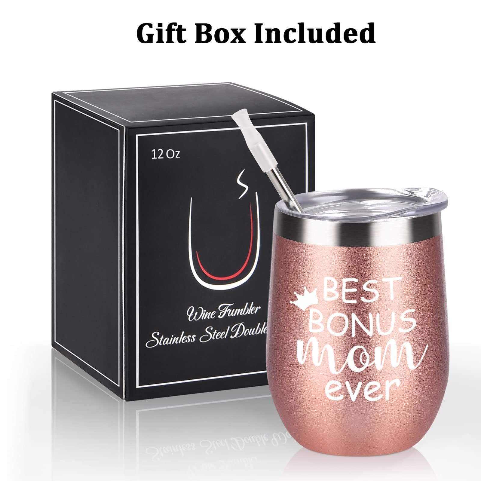 GINGPROUS Mother's Day Gifts for Mom, Best Bonus Mom Ever Birthday Gifts for Bonus Mom New Mom to be from Daughter Son, 12 Oz Insulated Stainless Steel Wine Tumbler with Lid and Straw, Rose Gold