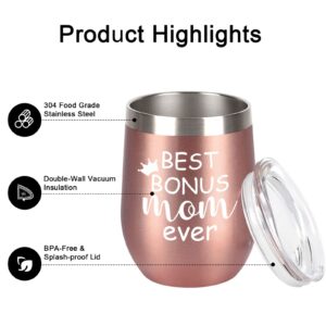 GINGPROUS Mother's Day Gifts for Mom, Best Bonus Mom Ever Birthday Gifts for Bonus Mom New Mom to be from Daughter Son, 12 Oz Insulated Stainless Steel Wine Tumbler with Lid and Straw, Rose Gold