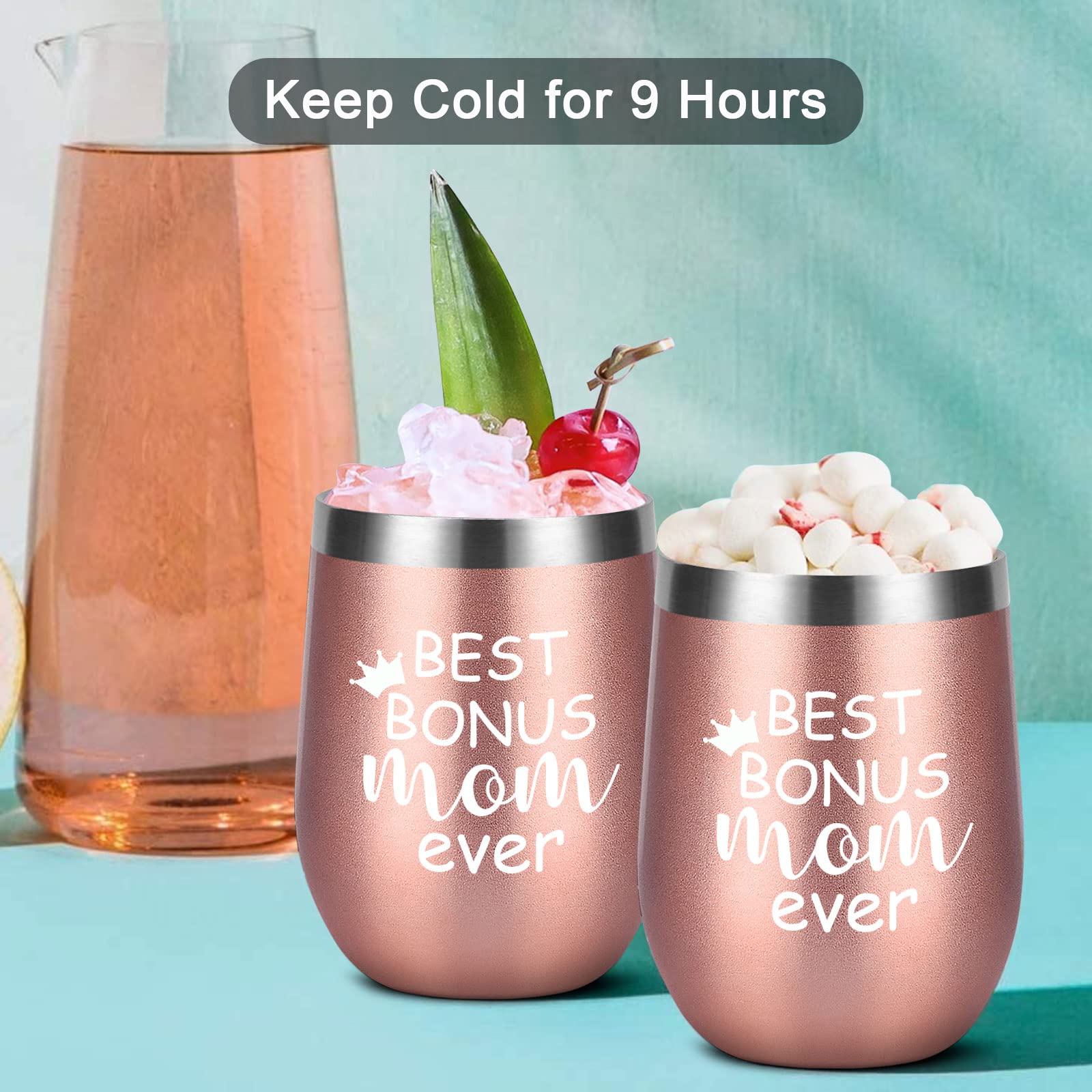 GINGPROUS Mother's Day Gifts for Mom, Best Bonus Mom Ever Birthday Gifts for Bonus Mom New Mom to be from Daughter Son, 12 Oz Insulated Stainless Steel Wine Tumbler with Lid and Straw, Rose Gold