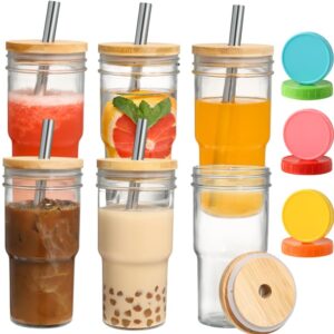 6 Pack Glass Tumbler with Lid and Straw, 24 oz Reusable Boba Smoothie Cups Iced Coffee Mason Jar Drinking Glasses for Bubble Tea, Beer.