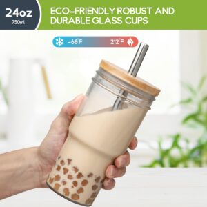 6 Pack Glass Tumbler with Lid and Straw, 24 oz Reusable Boba Smoothie Cups Iced Coffee Mason Jar Drinking Glasses for Bubble Tea, Beer.