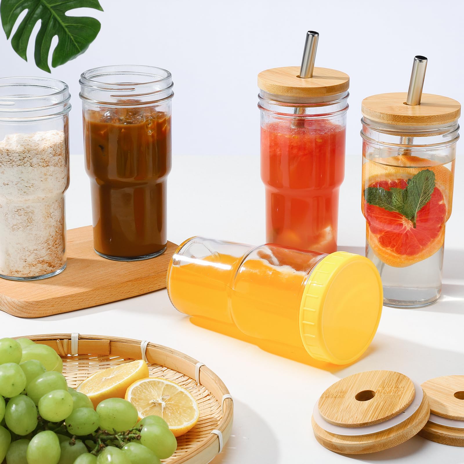 6 Pack Glass Tumbler with Lid and Straw, 24 oz Reusable Boba Smoothie Cups Iced Coffee Mason Jar Drinking Glasses for Bubble Tea, Beer.