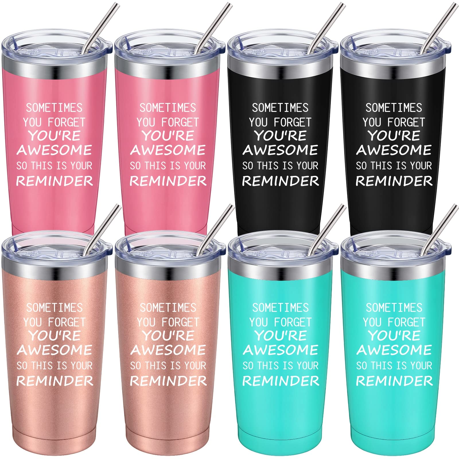 Inspirational Gifts for Women Men You're Awesome Tumbler Cup with Lid 20 oz Stainless Steel Vacuum Insulated Tumbler Mug Christmas Birthday Thank You Gifts (Mint Green, Rose Gold, Black, Pink, 8 Pcs)