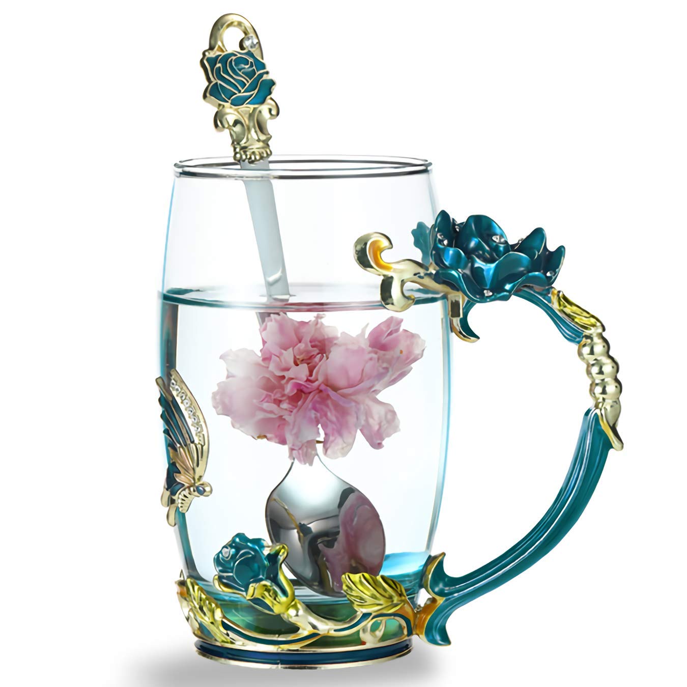 Kingrol 12 oz Glass Tea Cup with Spoon, Handmade Coffee Mug with Enamel Flower & Butterfly, Unique Gift For Women Wedding Birthday Valentine's Day Christmas