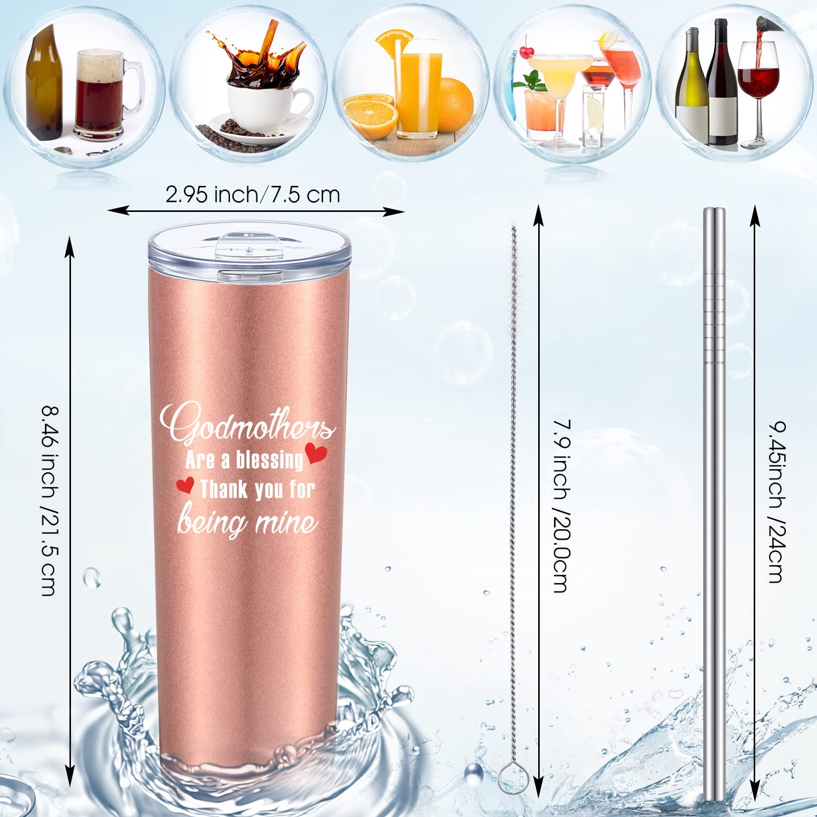 Godmother Gift Skinny Tumbler Godmothers Are a Blessing Thank You for Being Mine, Gift for Mother's Day, Birthday, Thanksgiving 20 oz Stainless Steel Water Tumbler with Straw and Brush (Rose Gold)