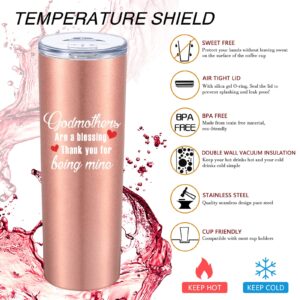 Godmother Gift Skinny Tumbler Godmothers Are a Blessing Thank You for Being Mine, Gift for Mother's Day, Birthday, Thanksgiving 20 oz Stainless Steel Water Tumbler with Straw and Brush (Rose Gold)