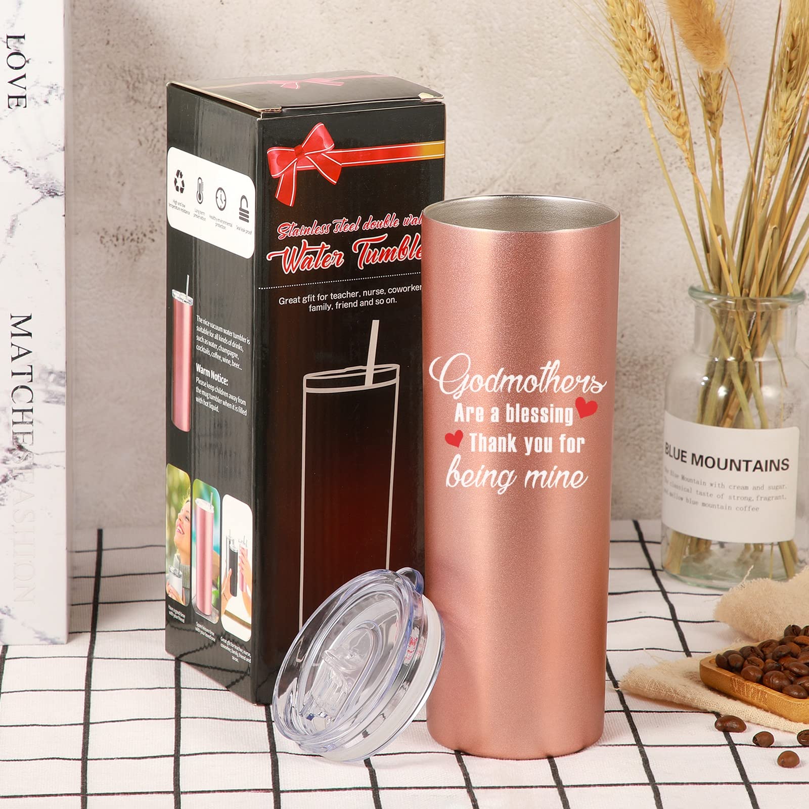 Godmother Gift Skinny Tumbler Godmothers Are a Blessing Thank You for Being Mine, Gift for Mother's Day, Birthday, Thanksgiving 20 oz Stainless Steel Water Tumbler with Straw and Brush (Rose Gold)