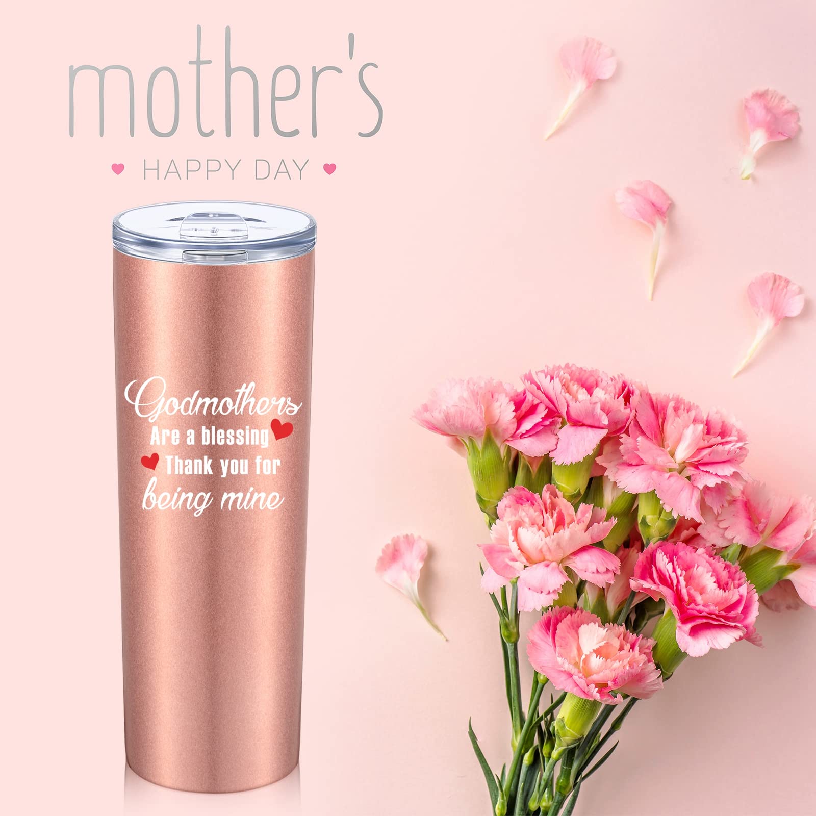 Godmother Gift Skinny Tumbler Godmothers Are a Blessing Thank You for Being Mine, Gift for Mother's Day, Birthday, Thanksgiving 20 oz Stainless Steel Water Tumbler with Straw and Brush (Rose Gold)