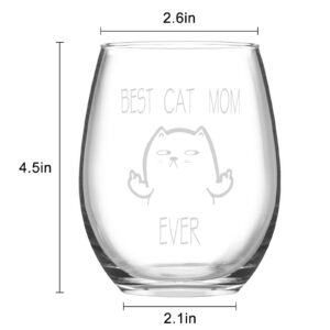 Gtmileo Best Cat Mom Ever Wine Glass - Funny Mom Stemless Wine Glass 15Oz - Mother's Day Gift for Mom New Mom Cat Mom Cat Lovers Cat Owner, Ideal Birthday Christmas Gag Gift from Kids Husband Friends