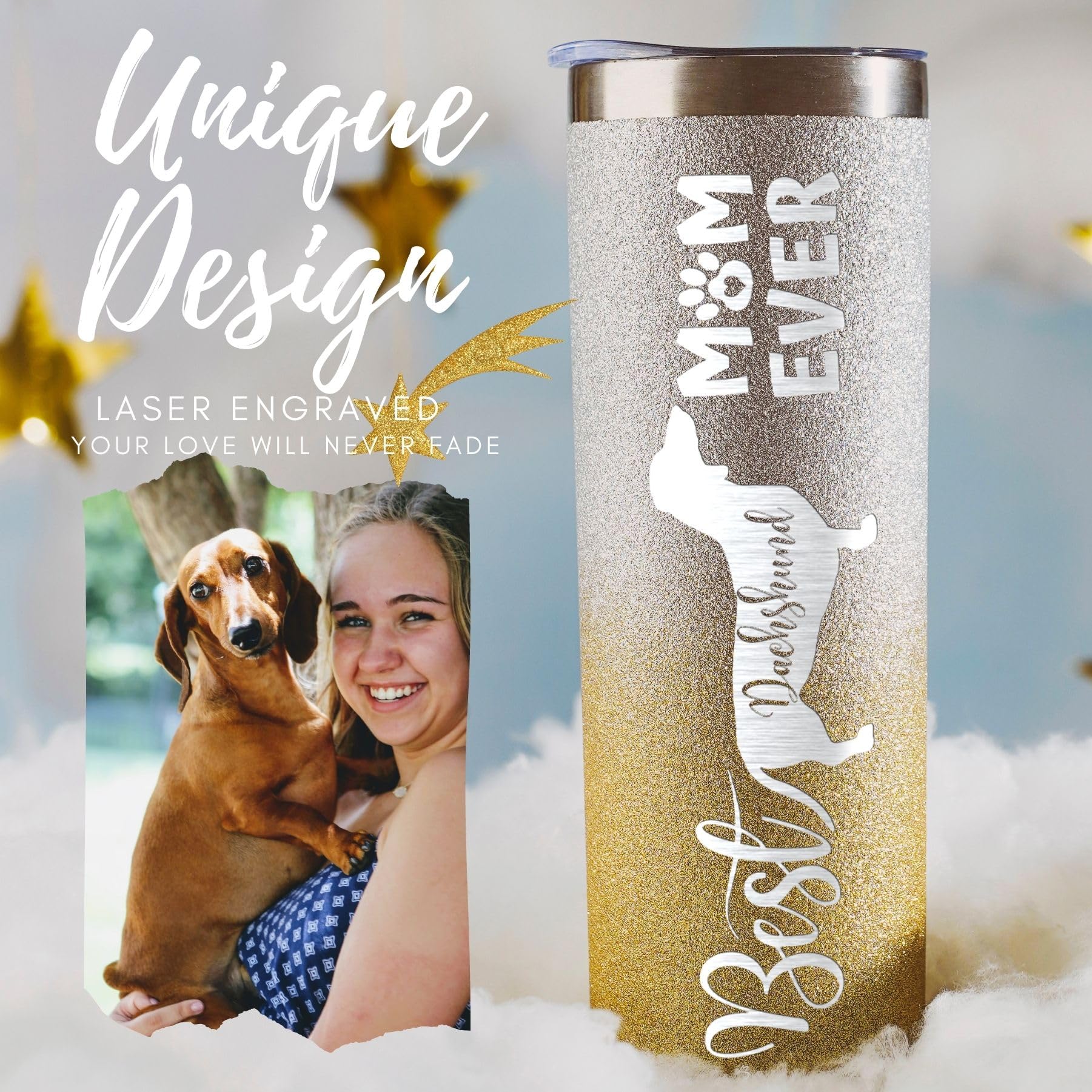 Onebttl Dachshund Gifts, Best Dachshund Mom Ever, Christmas Gifts for Wiener Dog Lovers, Women, Girls, Friends, Daughters, Coworkers, Stainless Steel Glittering Tumbler 20Oz