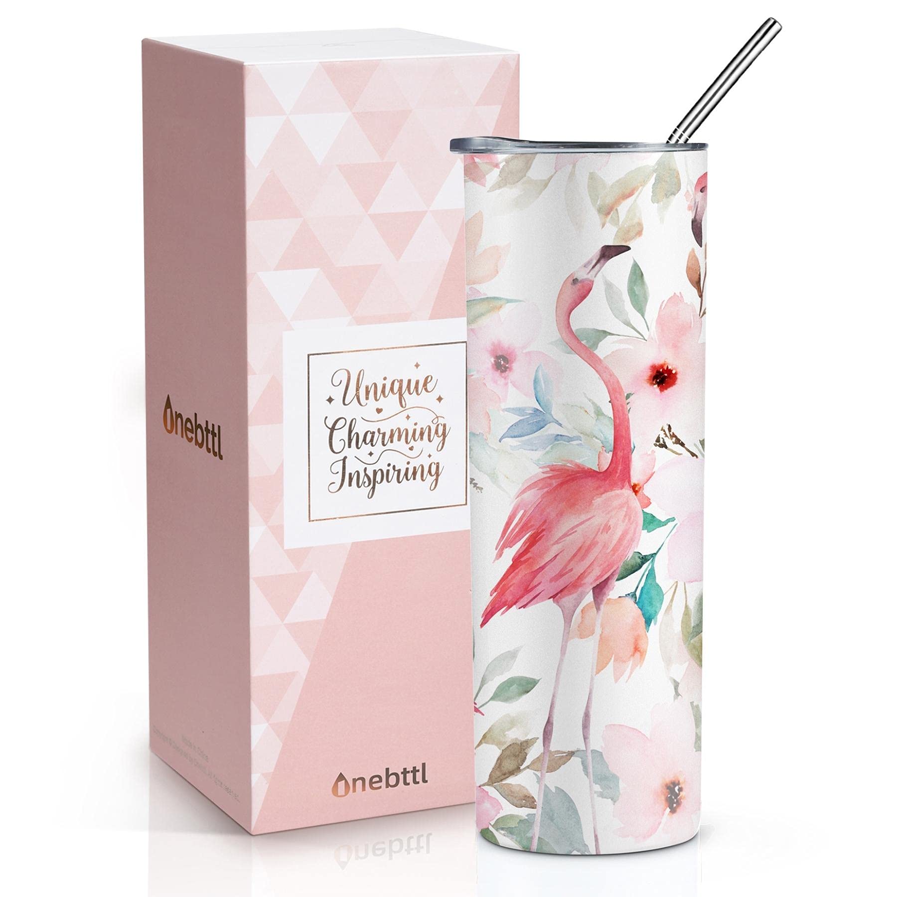 Onebttl Flamingo Skinny Tumbler Gifts For Women, Female, Her and Flamingo lovers - 20oz/590ml Stainless Steel Insulated Tumbler with Straw, Lid, Message Card - (White)