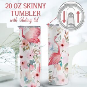 Onebttl Flamingo Skinny Tumbler Gifts For Women, Female, Her and Flamingo lovers - 20oz/590ml Stainless Steel Insulated Tumbler with Straw, Lid, Message Card - (White)