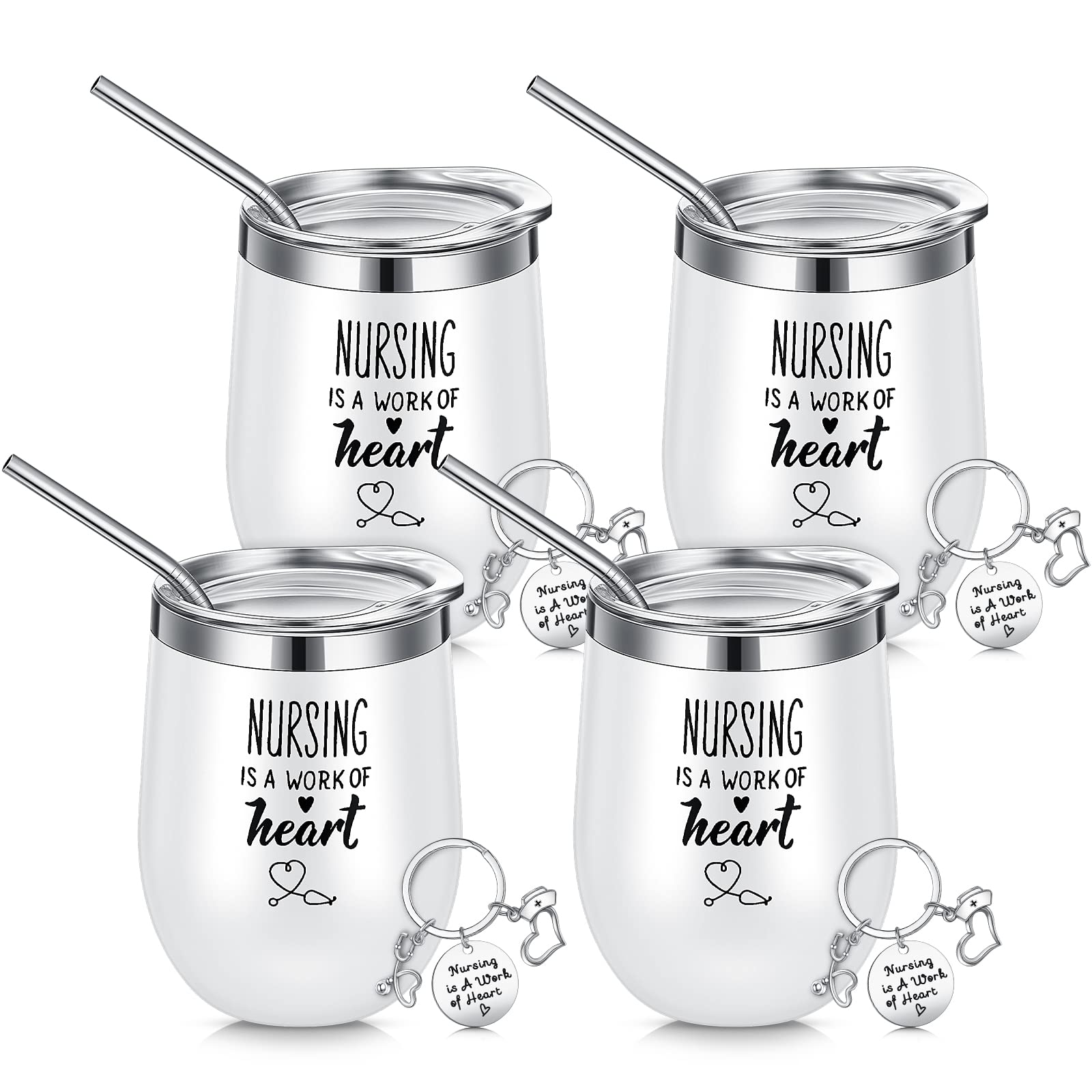 Yinkin 4 Pcs Nurse Appreciation Christmas Gift Set Nurse Tumbler Cup Thank You Wine Tumbler Inspirational Keychain for Nurse Birthday Graduation Retirement Gifts Nurses Week Gift (Nursing)