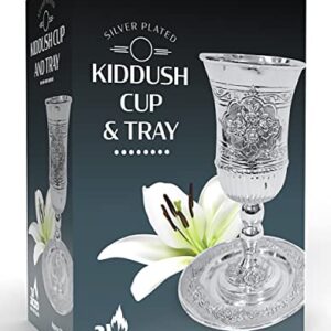 Ner Mitzvah Tall Kiddush Cup and Tray - Premium Quality Silver Plated Goblet With Stem - Shabbat and Havdalah Goblet - Judaica Shabbos and Holiday Gift