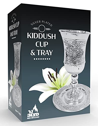 Ner Mitzvah Tall Kiddush Cup and Tray - Premium Quality Silver Plated Goblet With Stem - Shabbat and Havdalah Goblet - Judaica Shabbos and Holiday Gift