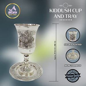 Ner Mitzvah Tall Kiddush Cup and Tray - Premium Quality Silver Plated Goblet With Stem - Shabbat and Havdalah Goblet - Judaica Shabbos and Holiday Gift