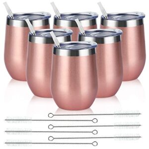 6 pack stainless steel wine tumblers, 12oz insulated wine tumbler, double wall insulated wine glass, stainless steel stemless wine cups with lids for coffee, wine, cocktails, champaign, rose gold…