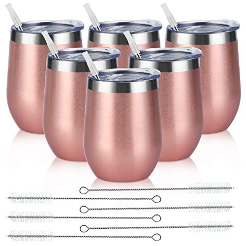 6 Pack Stainless Steel Wine Tumblers, 12Oz Insulated Wine Tumbler, Double Wall Insulated Wine Glass, Stainless Steel Stemless Wine Cups with Lids for Coffee, Wine, Cocktails, Champaign, Rose Gold…