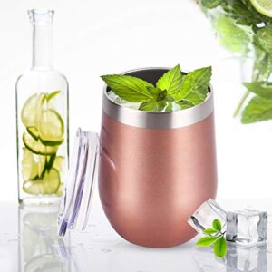 6 Pack Stainless Steel Wine Tumblers, 12Oz Insulated Wine Tumbler, Double Wall Insulated Wine Glass, Stainless Steel Stemless Wine Cups with Lids for Coffee, Wine, Cocktails, Champaign, Rose Gold…