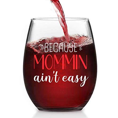 Futtumy Mom Wine Glass for Women - Because Mommin Ain't Easy Wine Glass, Stemless Wine Glass for Mom, New Mom, Pregnant Mom, Wife, Mother's Day, Birthday from Daughter, Son, Husband