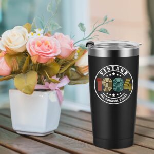 40th Birthday Gifts for Men Women Friends, Tumbler 20 oz Stainless Steel Vacuum Insulated Tumblers, Double Sided Printed Birthday Thermos cup, Back in 1984 Old Time Information - Black