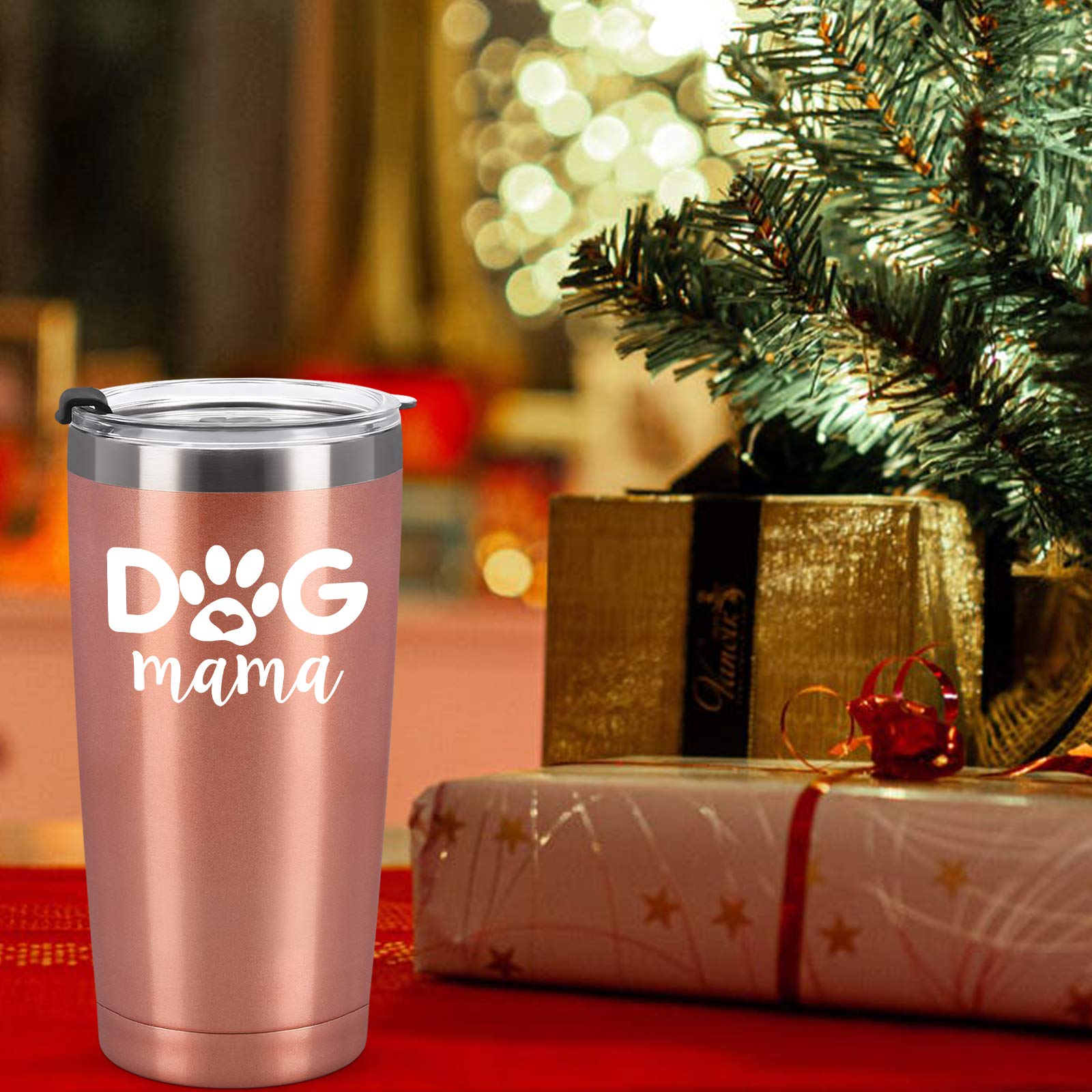 Dog Mom Gifts, Dog Mama Travel Tumbler with Lids, Dog Lover Gift for Women, Dog Mom, Dog Owner, Friends, Funny Christmas Birthday Mothers Day Gifts, 20 Oz Insulated Stainless Steel Tumbler, Rose Gold